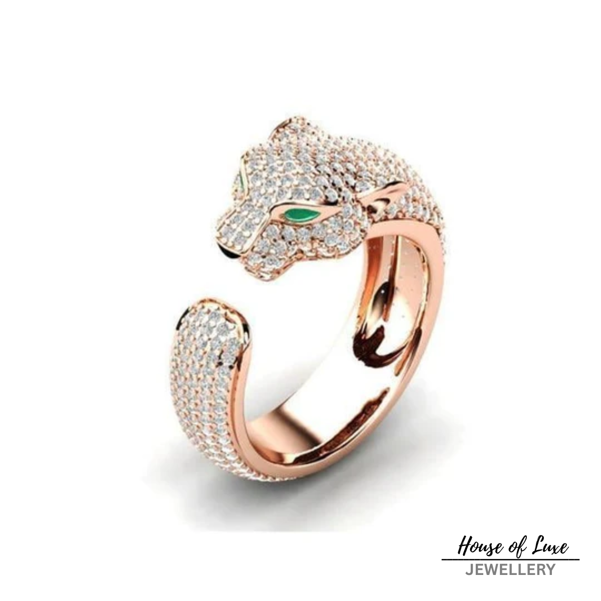 ADJUSTABLE JAGUAR RING IN SILVER AND ROSE GOLD WITH GREEN ZIRCONIA EYE ...